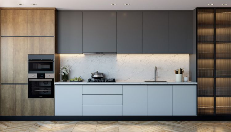 Grey And Blue Open Modular Kitchen Design With Wooden And Glass Storage ...