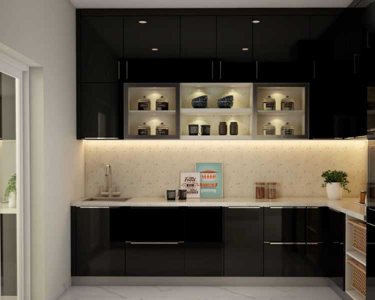 Black Modern Modular Kitchen Design With Terrazzo Backsplash | Livspace
