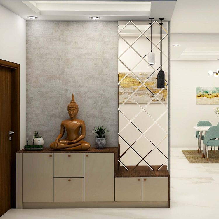 Spacious Foyer Design With Wallpaper And Mirror | Livspace