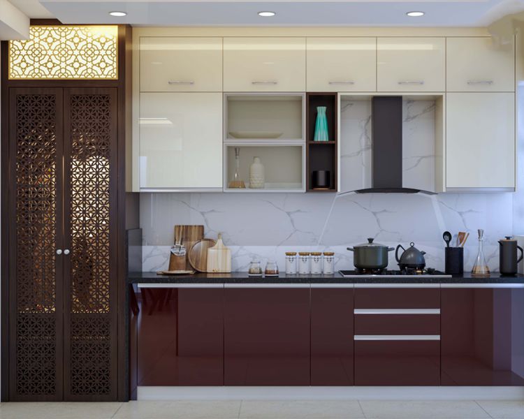 Spacious Modular Open Kitchen Design With Cream And Maroon Cabinets ...