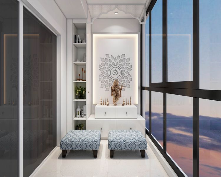 Spacious White Mandir Design With LED Lights | Livspace