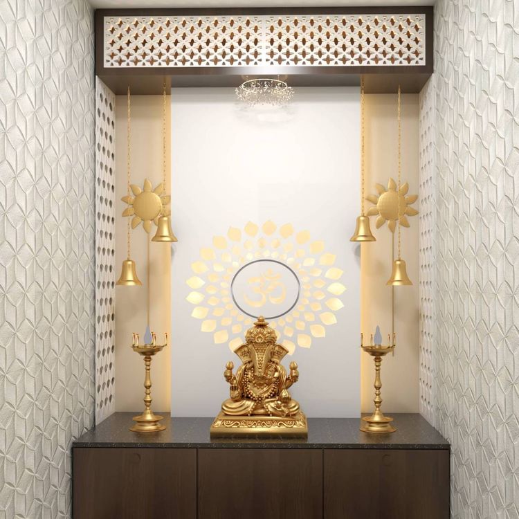 Spacious Mandir Design With Wooden Grain Laminate | Livspace