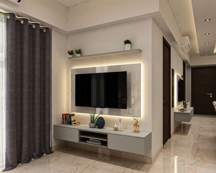 Modern TV Unit With Marble Wall Tiles | Livspace