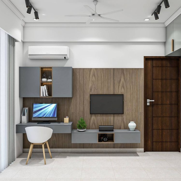Spacious Grey TV Unit Design With Integrated Study Unit | Livspace