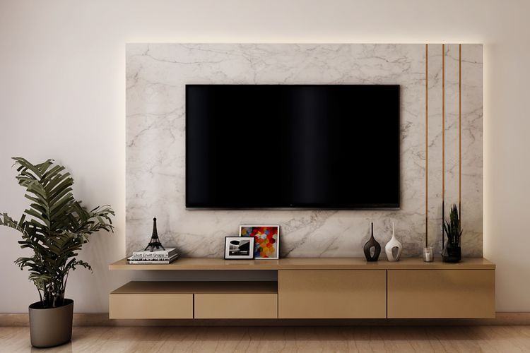 Compact TV Unit Design With Marble Dado And Gold Inlays | Livspace