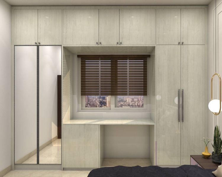 Grey Textured Wardrobe Design With Loft Storage | Livspace