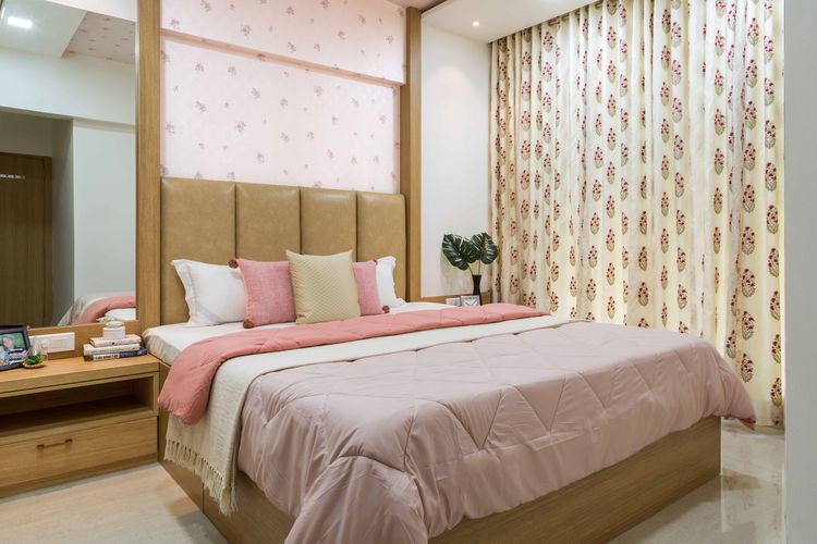 Guest Room Design With Pink Floral Wallpaper | Livspace