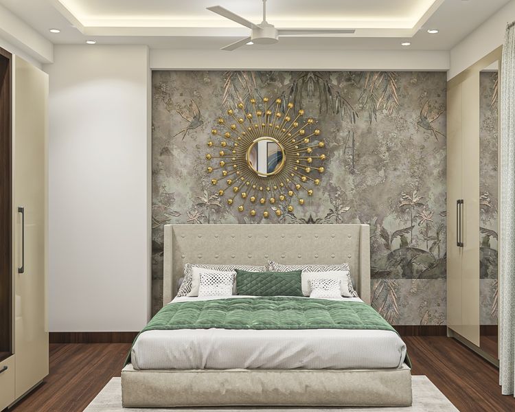 Guest Room Design With Grey-Themed Tropical Wallpaper | Livspace