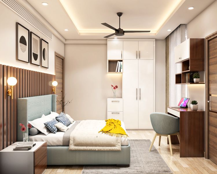 Master Bedroom Design With Grey Headboard And Wooden Wall Panels | Livspace
