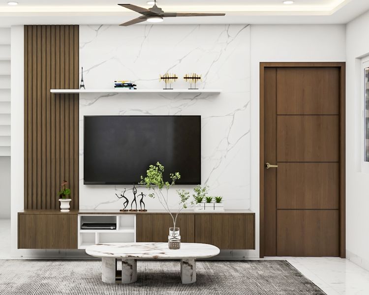 TV Unit Design With Fluted Wooden And Marble Panels | Livspace