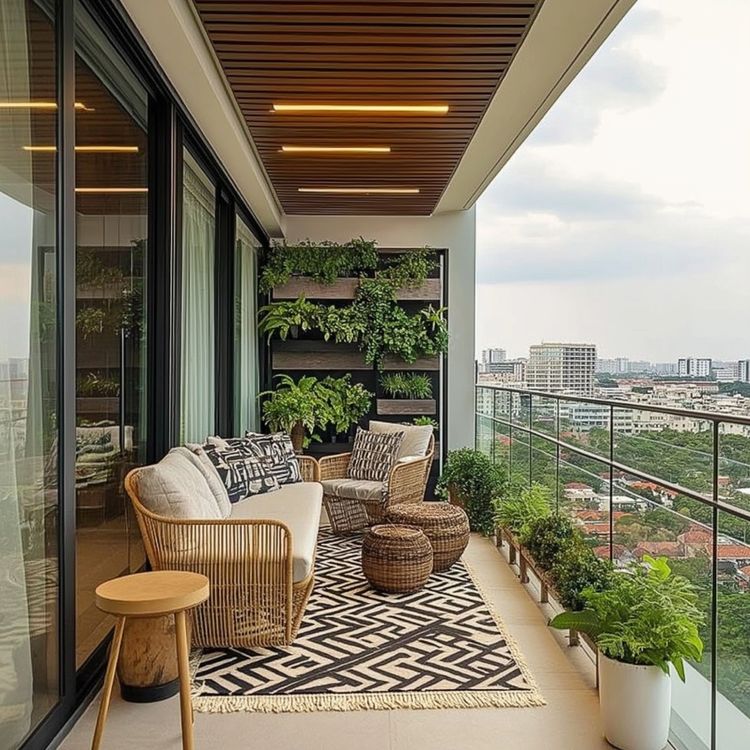 Transform Your Balcony with Tropical Style Balcony Design, Vertical Garden, Cozy Seating | Livspace