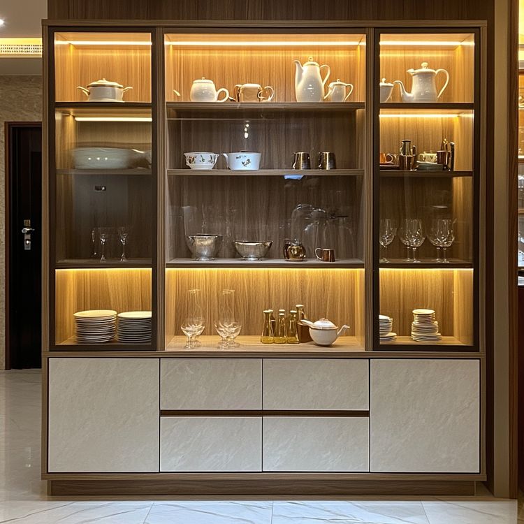 Modular Modern Crockery Unit Design with Open Display Shelves and Matte ...