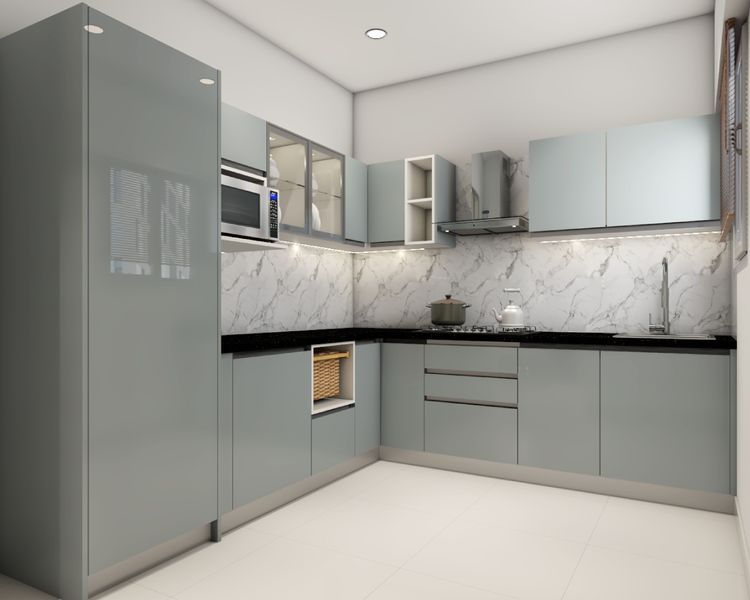 Contemporary L-Shaped Kitchen Design with Quartz Countertop, Silver ...