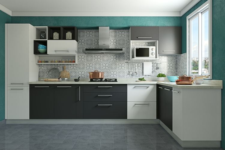 L-Shaped Modern Kitchen Design with White and Grey Units and Marble ...