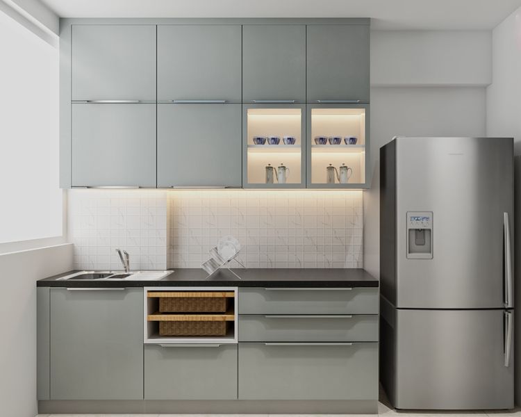 Modern Parallel Kitchen Design Featuring Grey Units, Wicker Basket and ...