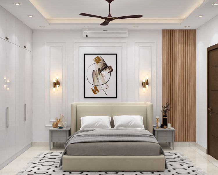 Master Bedroom Design with Modern Wooden Wall Panels and Neutral Colour ...