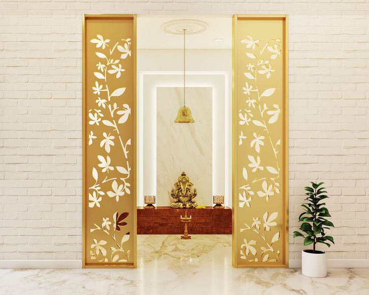 Pooja Unit Design with Contemporary LED Lighting, Marble Wall, and ...