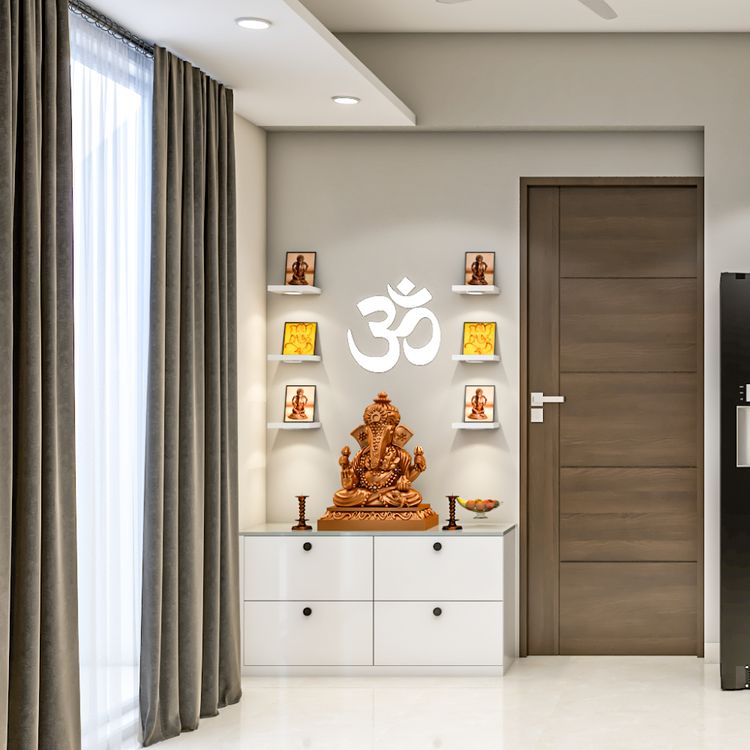 White Floor-Mounted Modern Pooja Unit Design with Open Storage and ‘Om ...
