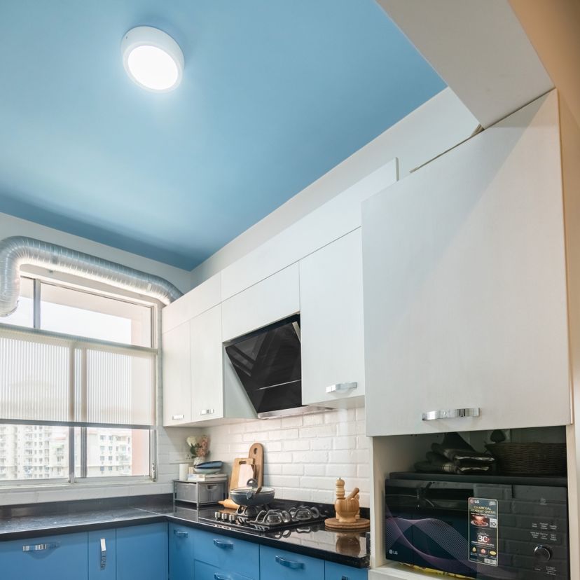 Blue False Ceiling With Ceiling Lights | Livspace