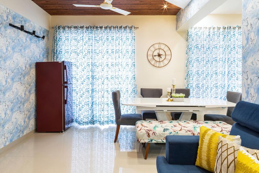 Gypsum False Ceiling With Dark Wooden Texture Laminate And Chendelier ...