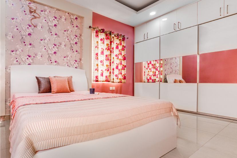 Spacious Pink Kids Room Design With Floral Wallpaper - 12x11 Ft | Livspace