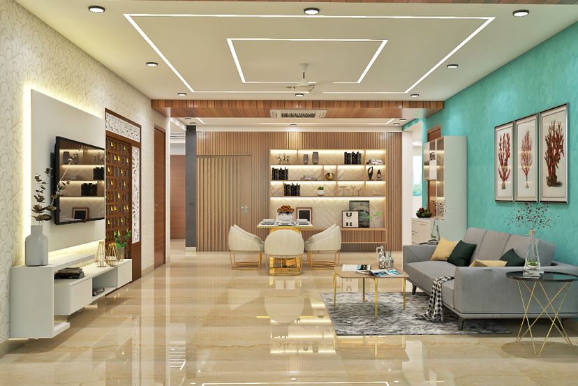 Beige And Brown Patterned Living Room Tile Design | Livspace