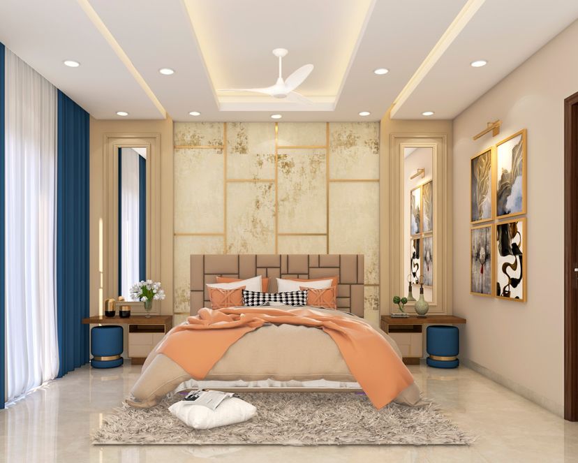 Light-Coloured Bedroom Wall Design With Golden Strips | Livspace