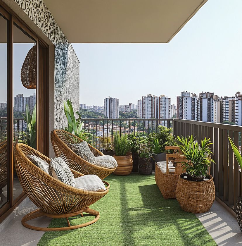 Contemporary Balcony With a Textured and Patterned Surface Wall and Egg ...