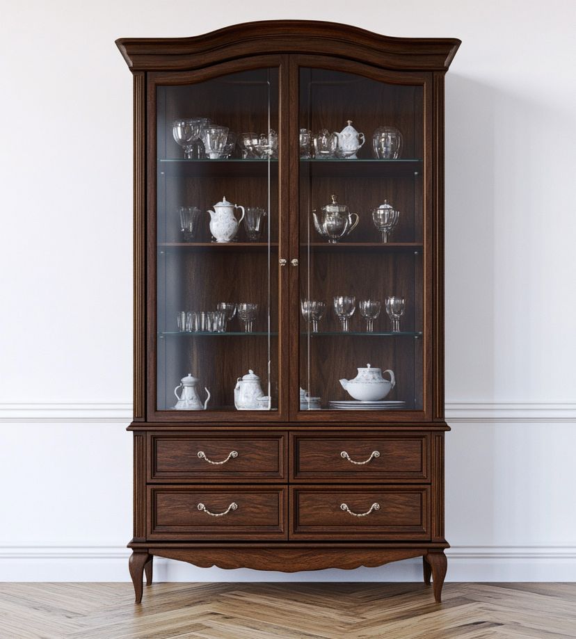 White Traditional Crockery Unit Design with 4 Drawer Storage and Glass ...