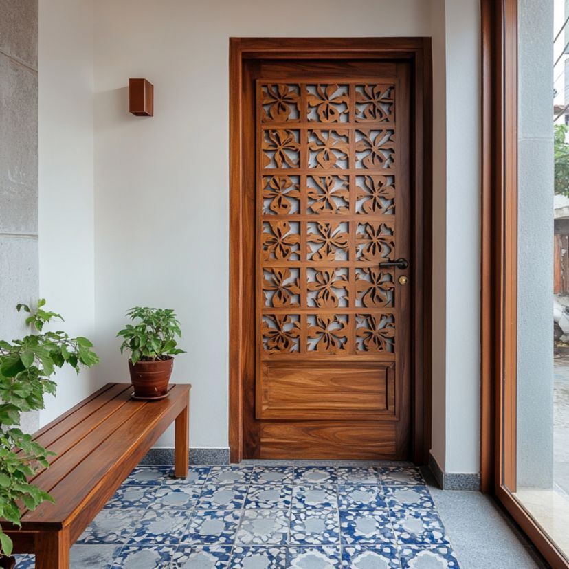 Rustic Single Wooden Door Design with Lattice and Matte Finish | Livspace