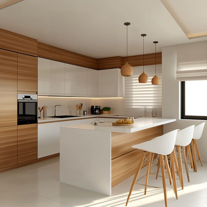 Contemporary Island Kitchen Design with Marble Countertop and Warm ...