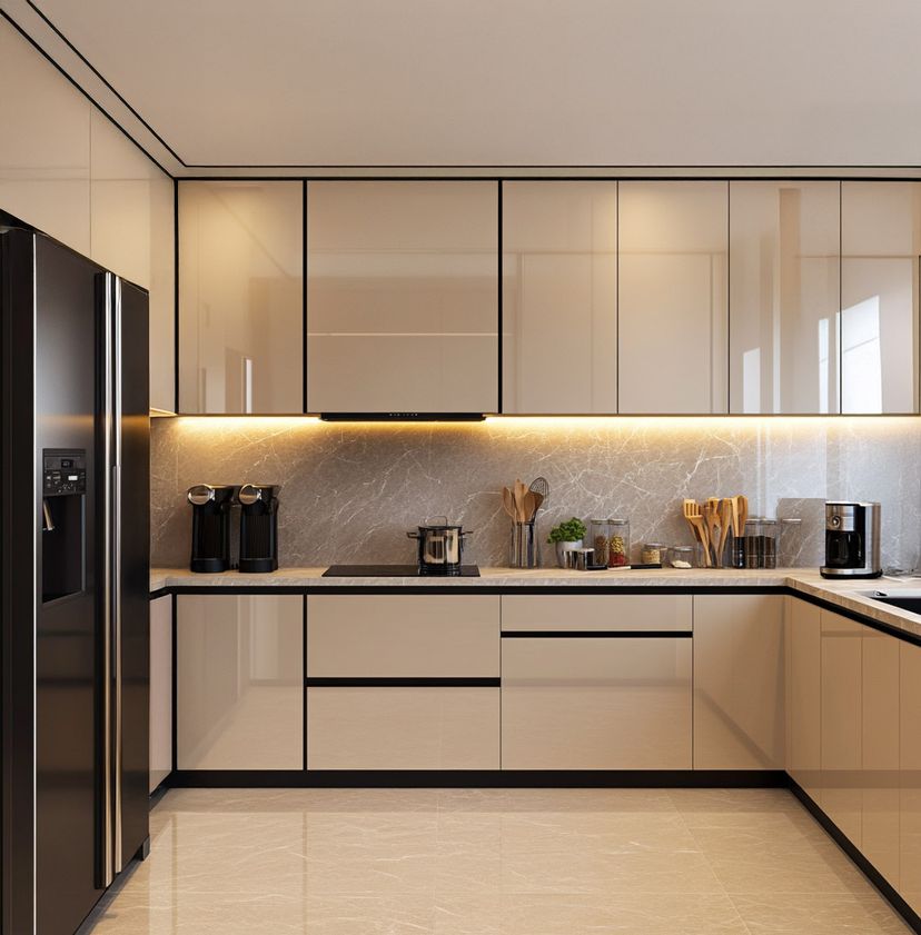 Modern U-Shaped Kitchen Design in Glossy Irish Cream Finish | Livspace