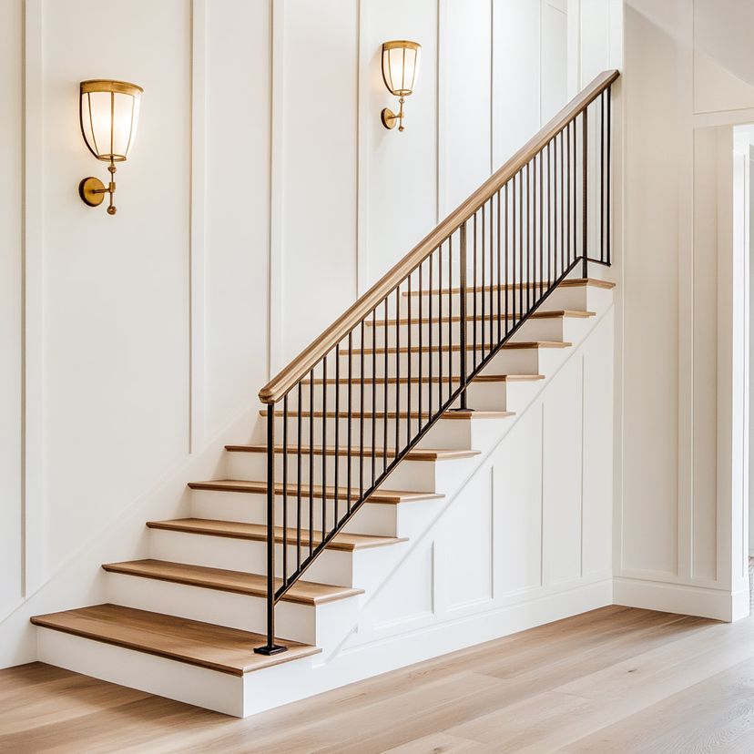 Straight Minimal Staircase Design in Metal and Wood | Livspace