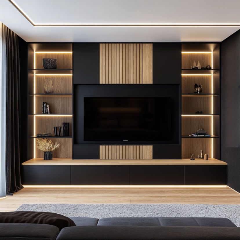 Black Modern Wall-mounted TV Unit Design with Open Shelves and Cabinets ...