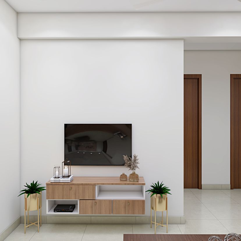 Walnut Finish Minimal Floating TV Unit Design with Lantern Decor ...