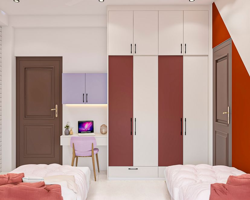 Contemporary Ruby and Off-White 4-Door Swing Wardrobe Design | Livspace