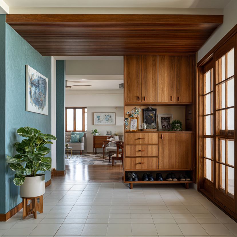 Mid-century Modern Muted Teal Wall Paint Design for Foyers With Wood ...