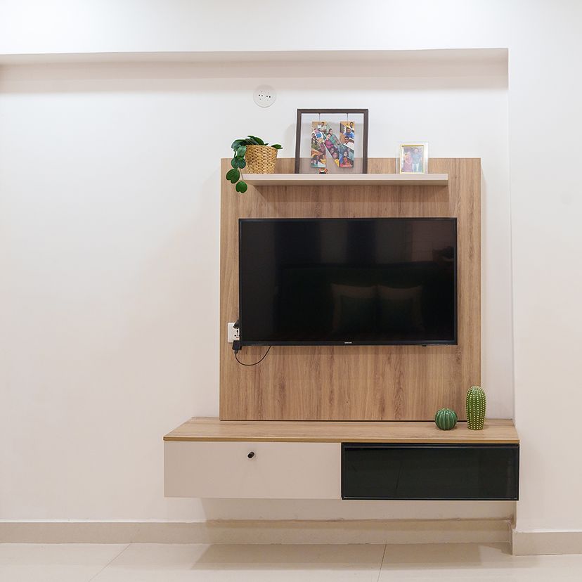Modern TV Unit Design With Floating Cabinet and Natural Wood Back Panel ...