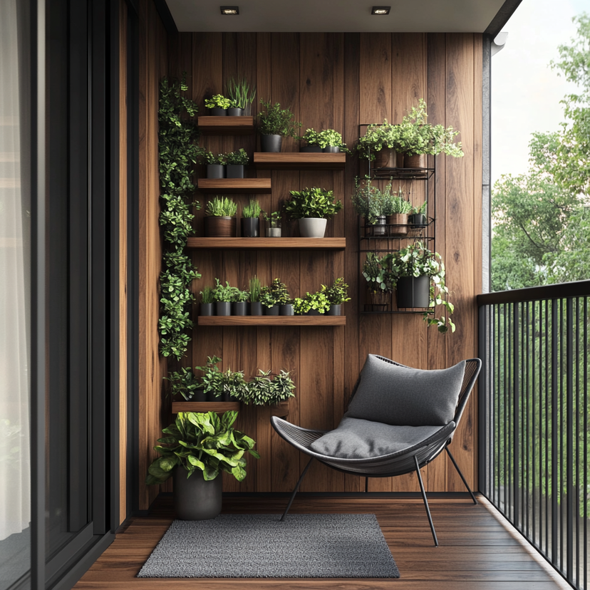 Balcony Design with Modern Dark-Coloured Pots, Shelves, Vertical Plank ...