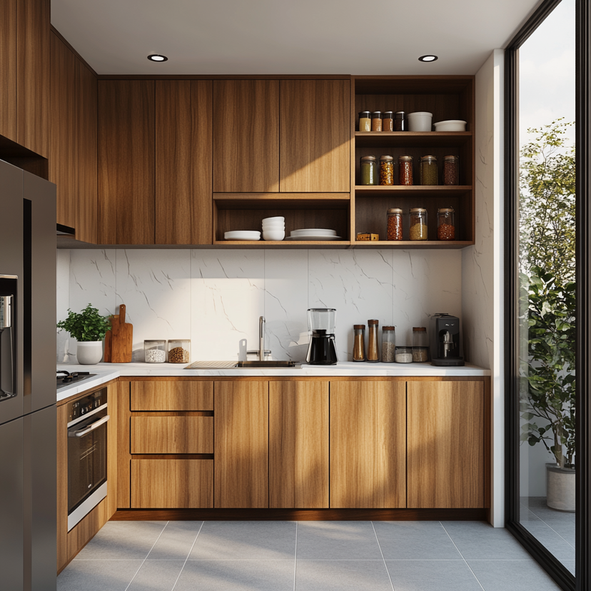 L-Shaped Contemporary Kitchen Design with Walnut Finish and Marble ...