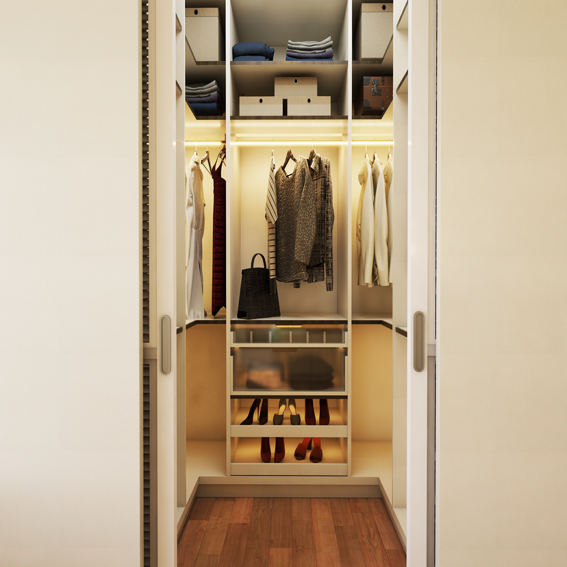 Modern Compact Wardrobe Design With Strip Lights | Livspace