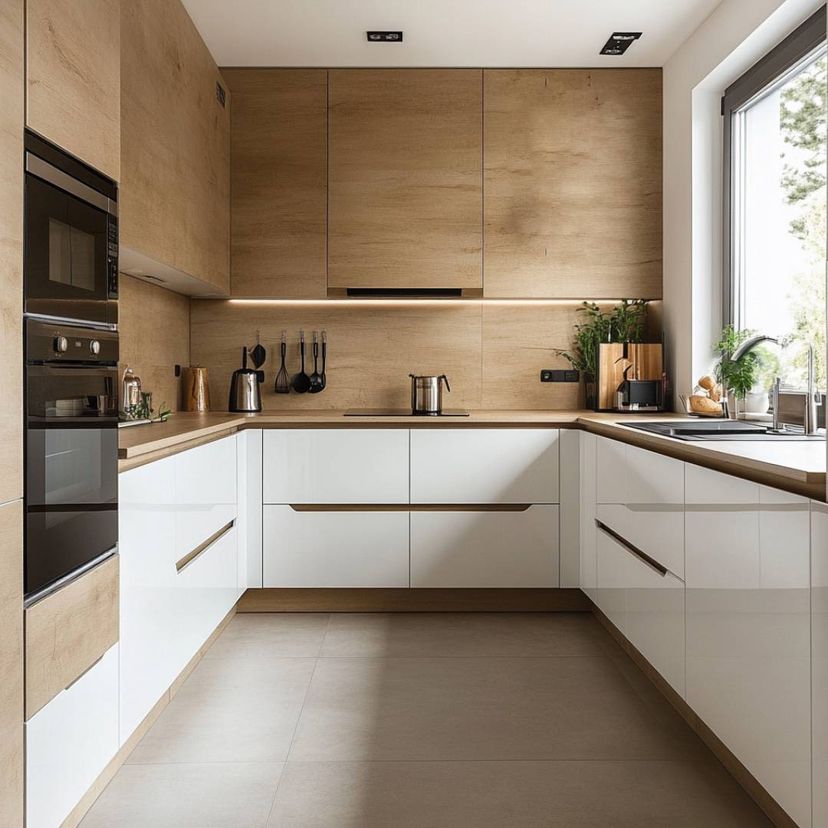 Contemporary U-Shaped Kitchen Design with Suede Finish and Resin ...
