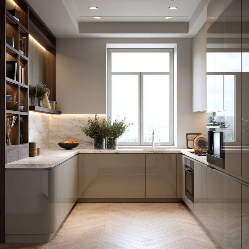 Modern U-Shaped Kitchen Design With Handleless Cabinets and Marble ...