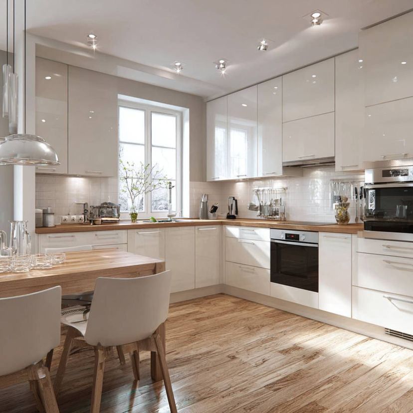 White L-Shaped Modern Kitchen Design With Glossy Cabinets and Marble ...