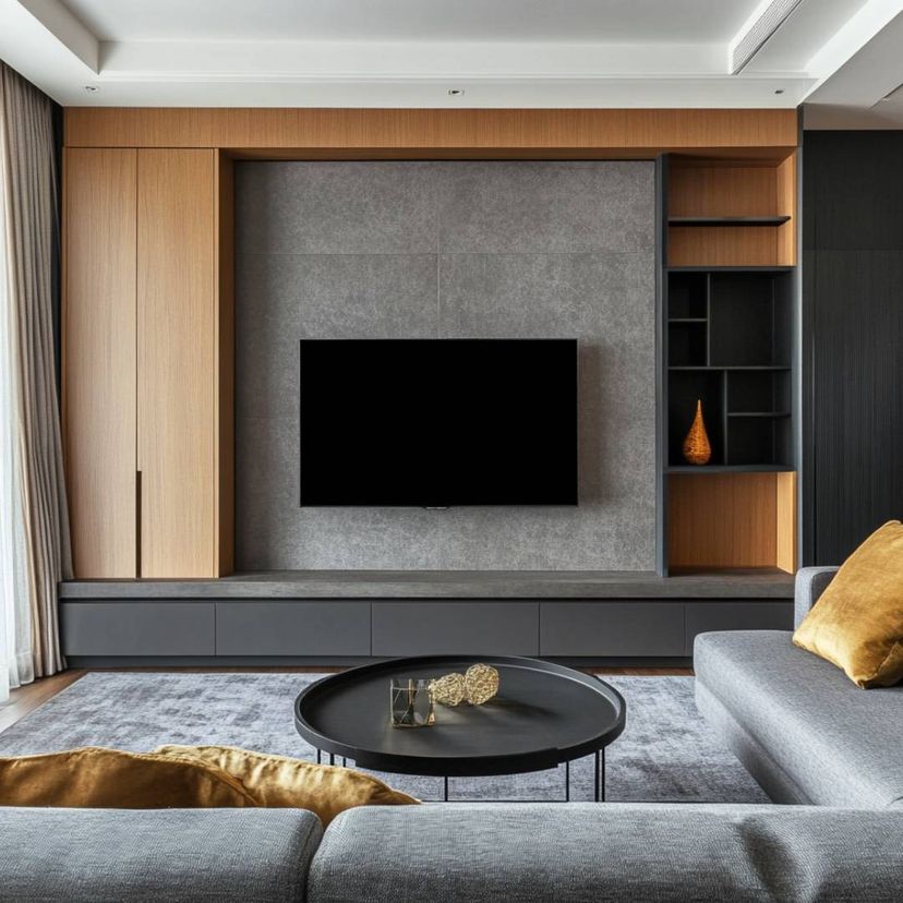 Modern Wall-Mounted TV Unit Design with Open and Closed Storage | Livspace