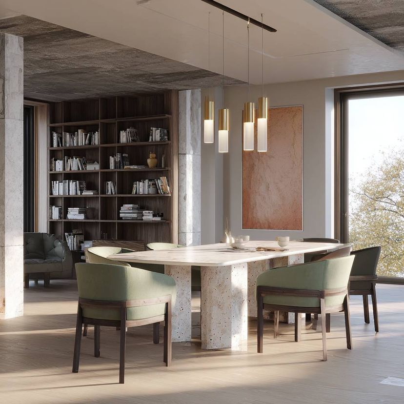 Modern Dining Room Design Featuring Marble Table and Sleek Bookshelf ...