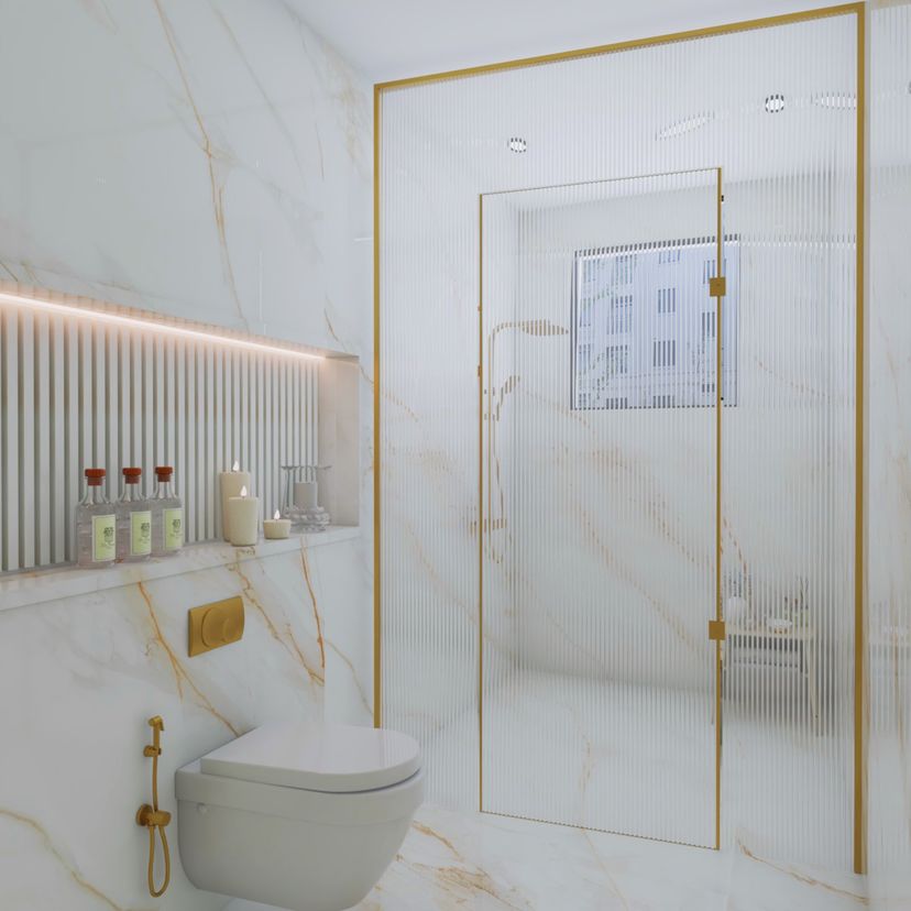 White Bathroom With A Modern Aesthetic Featuring Fluted Wall Panels | Livspace