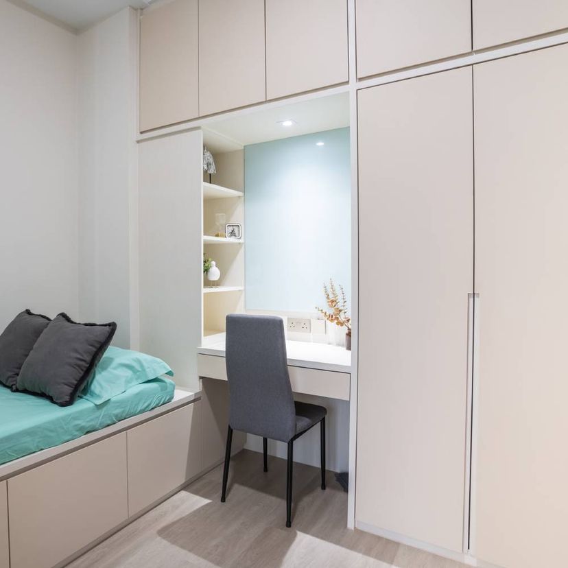 White Study Room Design With Grey Chair And Integrated With White ...