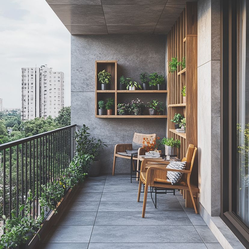 Balcony Design with Contemporary Comfortable Seating, Concrete Wallpaper, and Side Table | Livspace