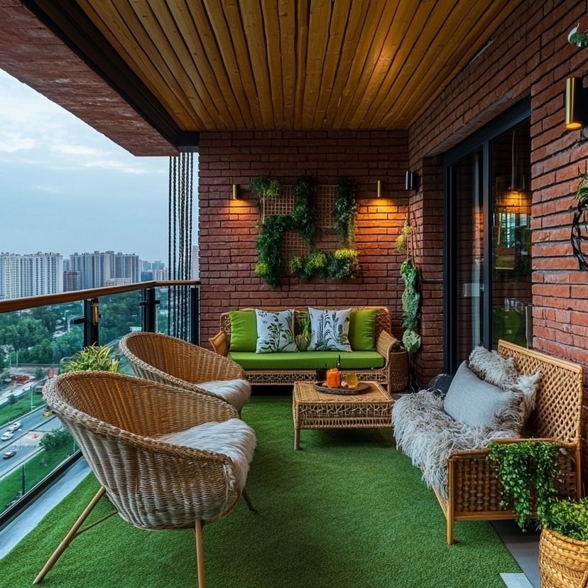 Balcony Design with Contemporary Artificial Grass, Brick Wallpaper, and ...